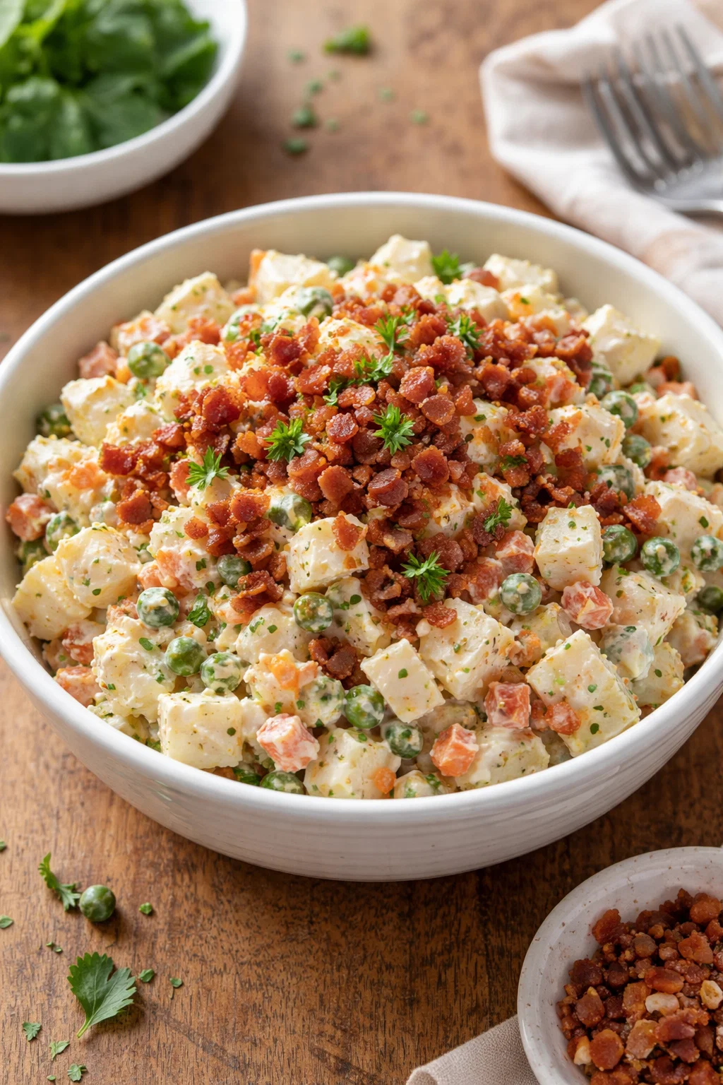Salada de maionese de bacon fácil, cremosa e cheia de sabor